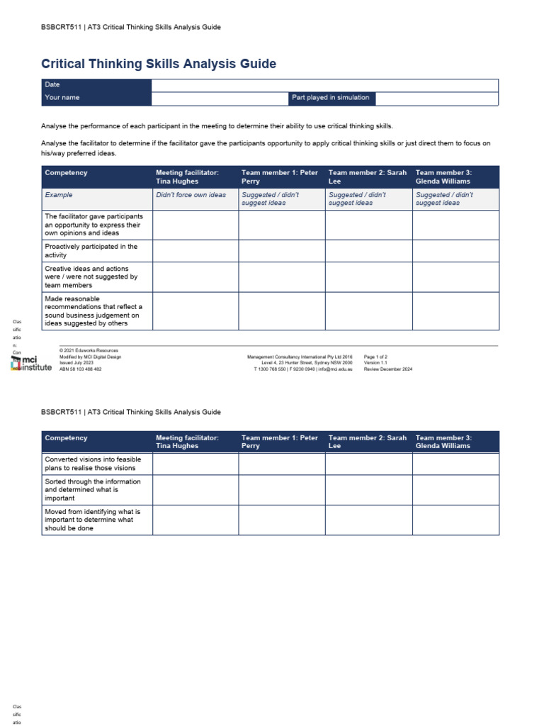 Critical Thinking Skills Analysis Guide | PDF | Critical Thinking ...