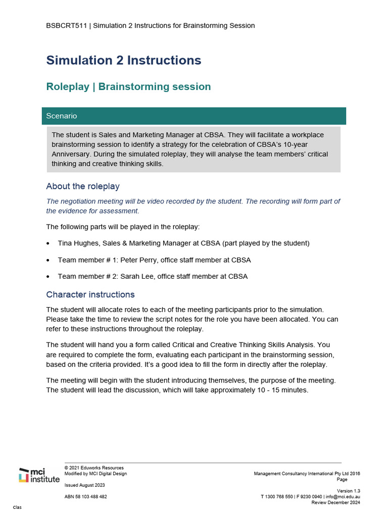 BSBCRT511 Simulation 2 Instructions For Brainstorming Session v1.3 | PDF