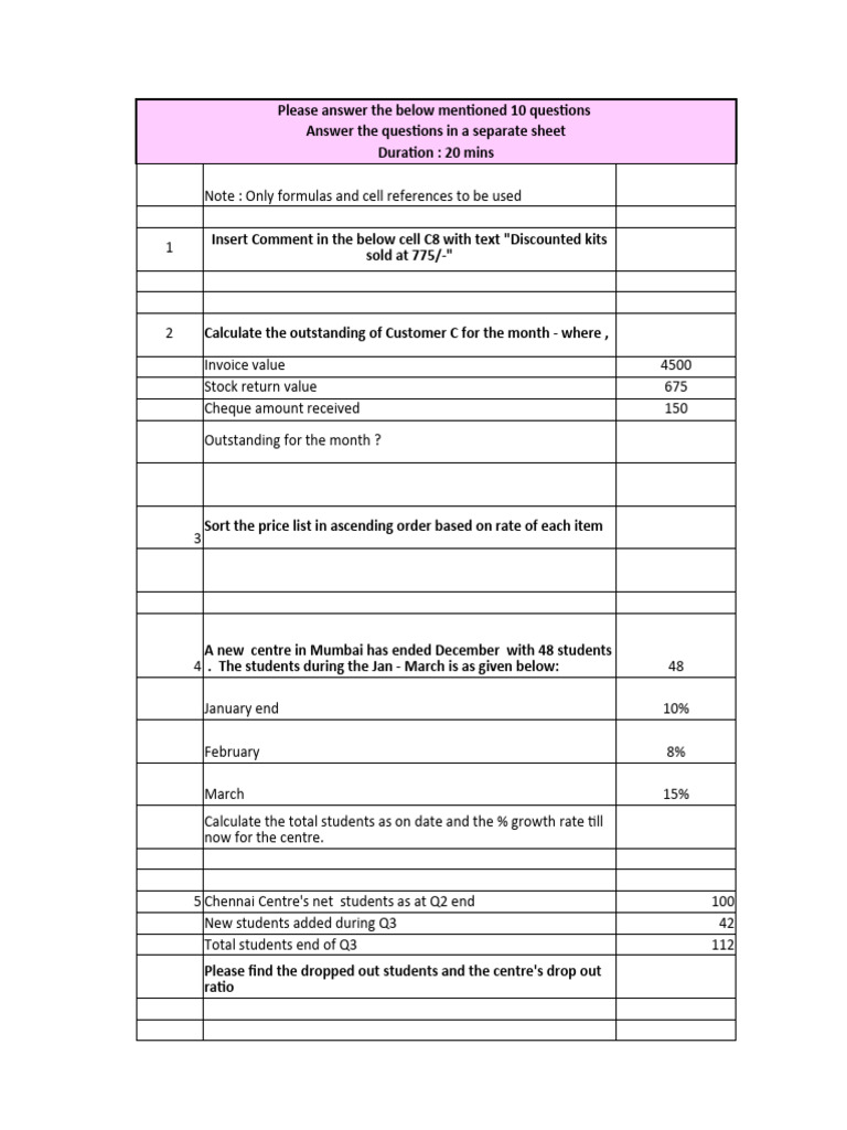 Excel Test for Pricing Analysts | PDF | Prices | Fee