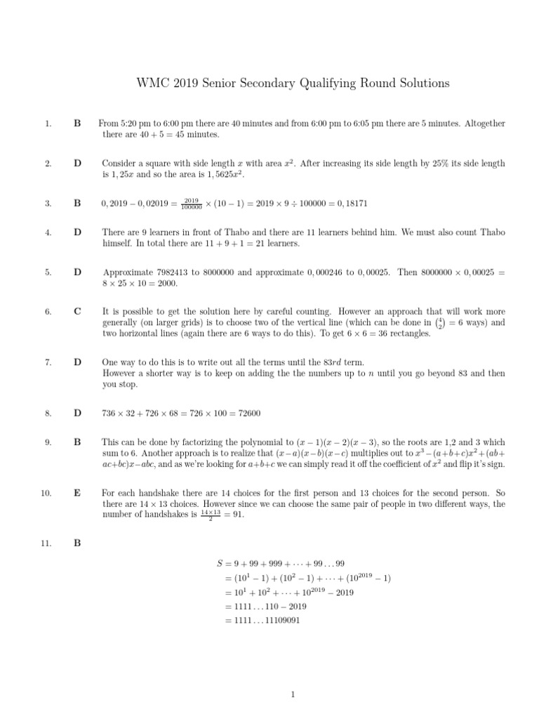 2019 Senior Secondary Qualifying Round Solutions | PDF | Algorithms ...