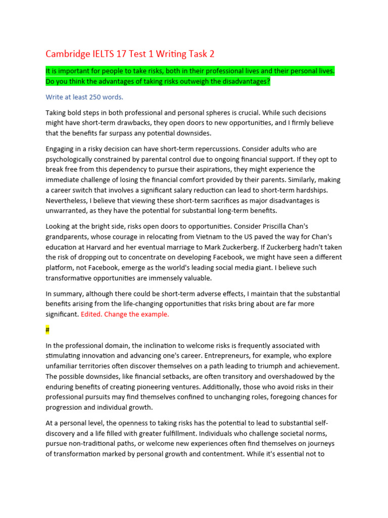 Cambridge IELTS 17 Test 1 Writing Task 2 | PDF | Risk | Entrepreneurship