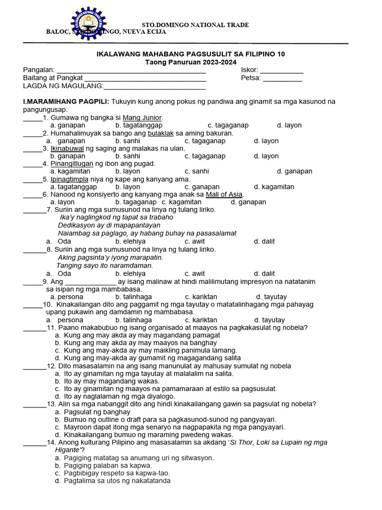 Ikalawang Mahabang Pagsusulit Sa Filipino 10 | PDF