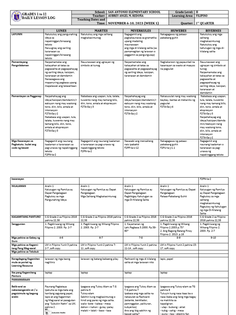 DLL - Filipino 2 - Q1 - W1 | PDF