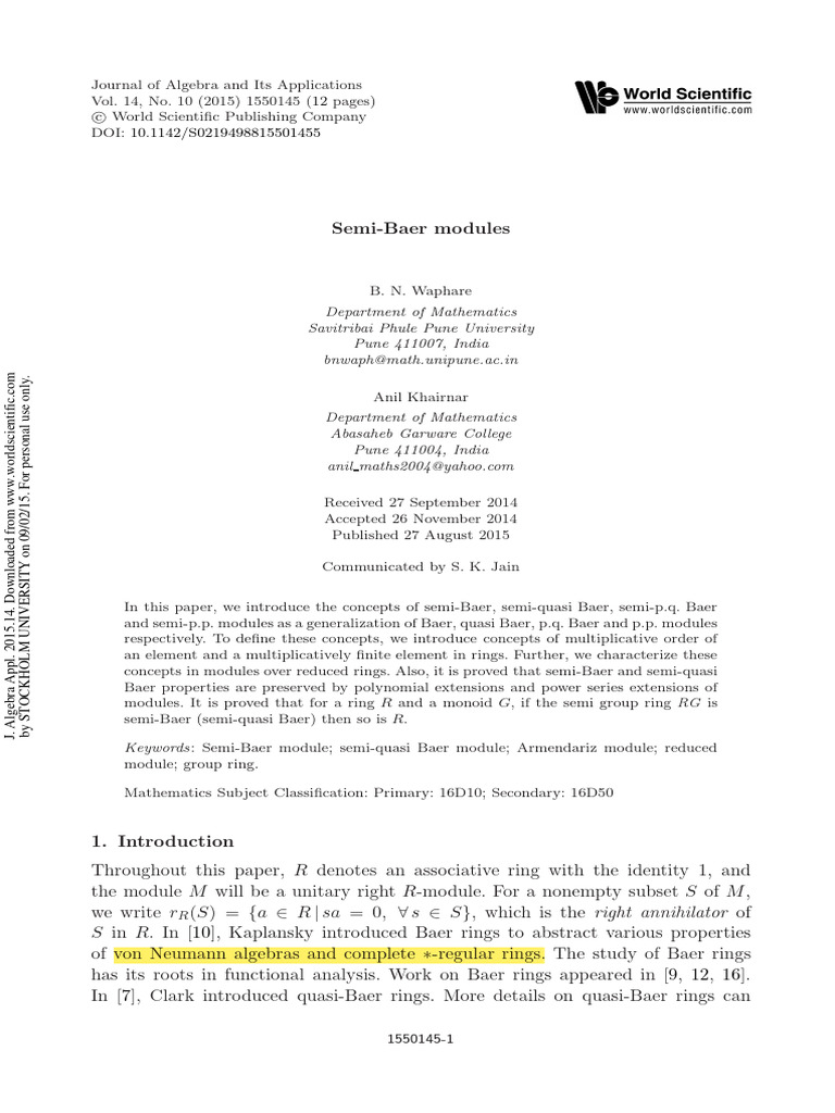 0 Semi Baer Modules | PDF | Ring (Mathematics) | Module (Mathematics)