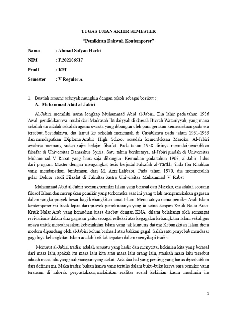 Tugas Ujian Akhir Semester "Pemikiran Dakwah Kontemporer" Nama: Ahmad Sofyan Harbi NIM: F ...