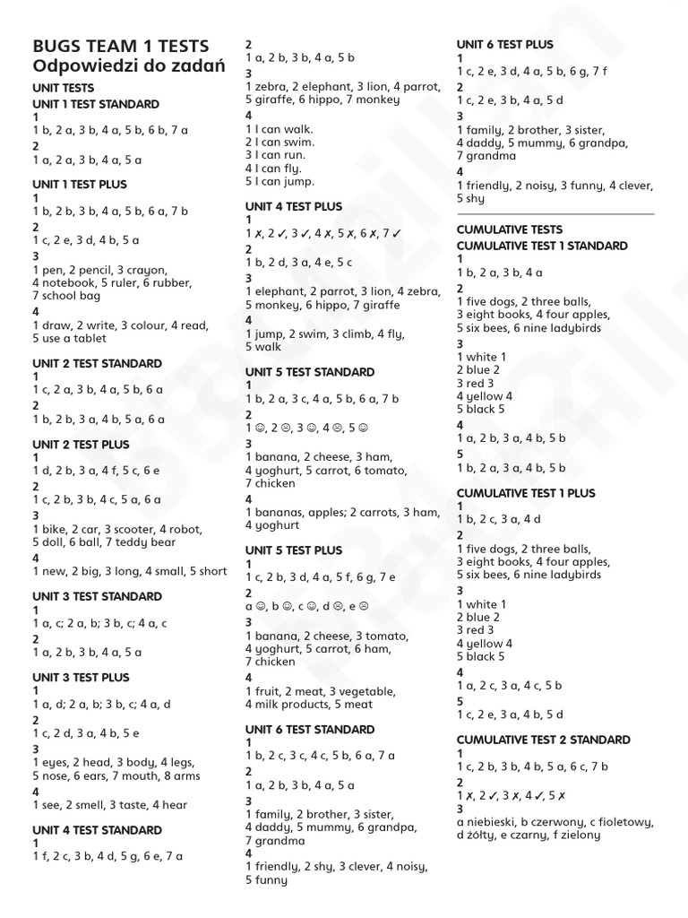 Bugs Team 1 Tests Klucz Odpowiedzi | PDF