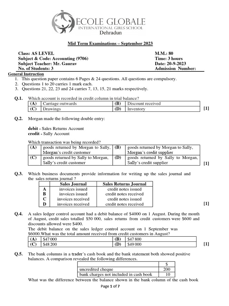 QP - As Level (Acc) (20.9.23) - MT Exam - 23-24 | Download Free PDF ...