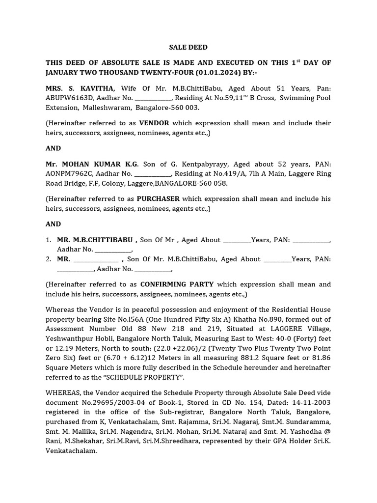 Sale Deed - Kavitha S | PDF | Taxes | Deed