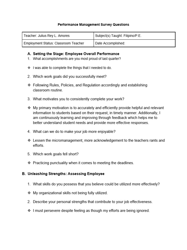 Performance Management Survey Questions | PDF | Teachers | Goal