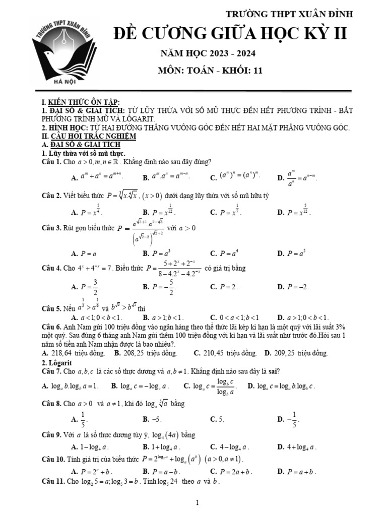 De Cuong Giua Ky 2 Toan 11 Nam 2023 2024 Truong THPT Xuan Dinh Ha Noi | PDF