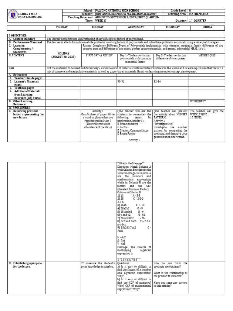 DLL - Math 8 - Q1 - W1 | PDF | Factorization | Polynomial