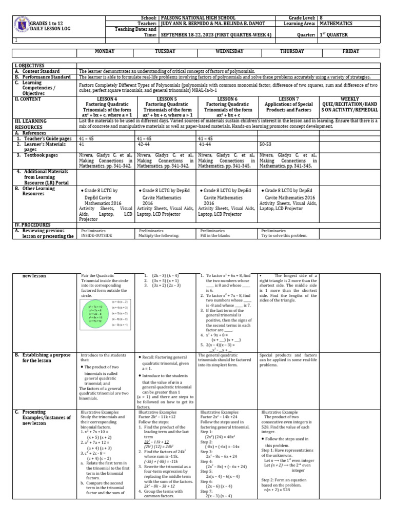 DLL - Math 8 - Q1 - W4 | PDF | Factorization | Abstract Algebra