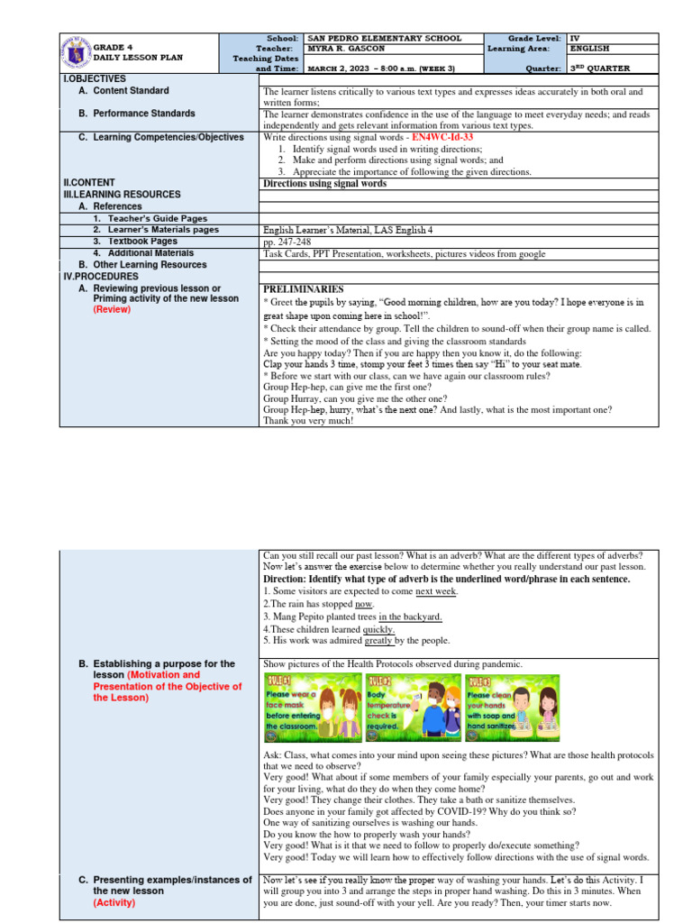 Gascon-Lp For Demo1 - Following Direction | PDF | Hand Washing | Learning