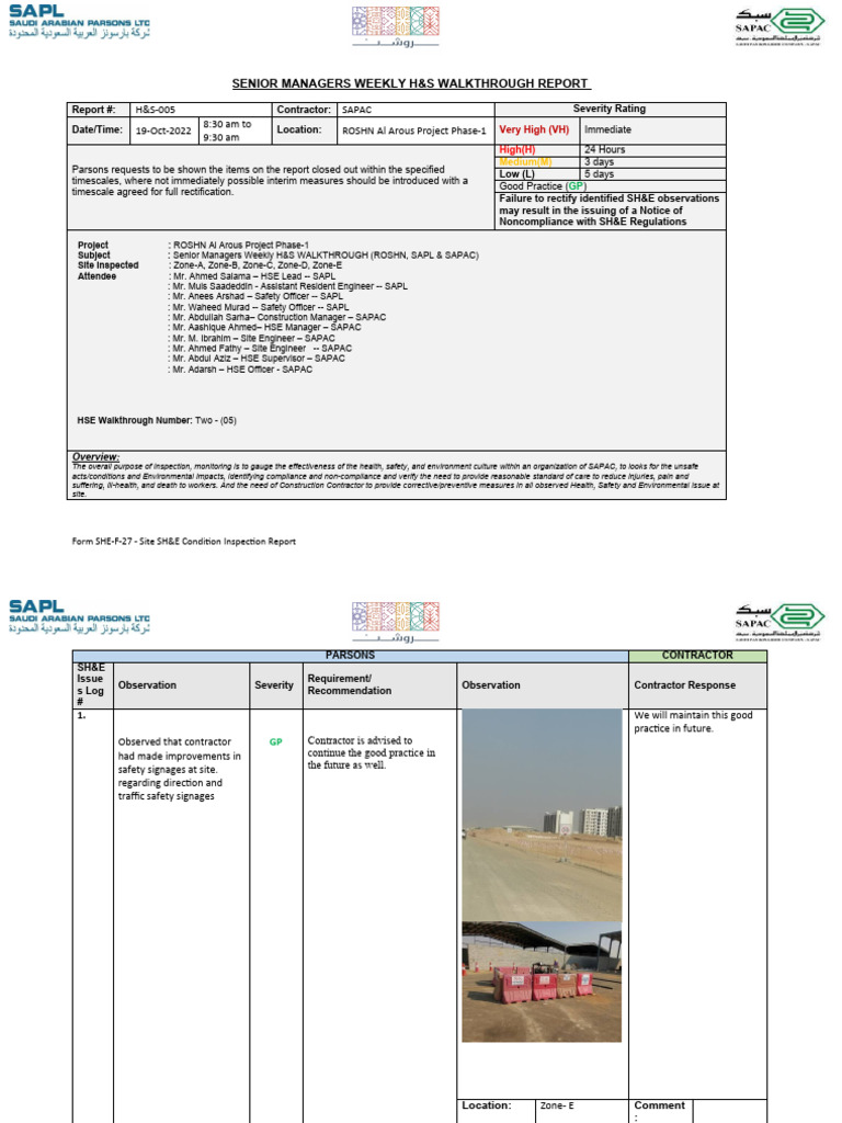 Sr. Manager Weekly H&S Walkthrough Report 005 | PDF | Safety