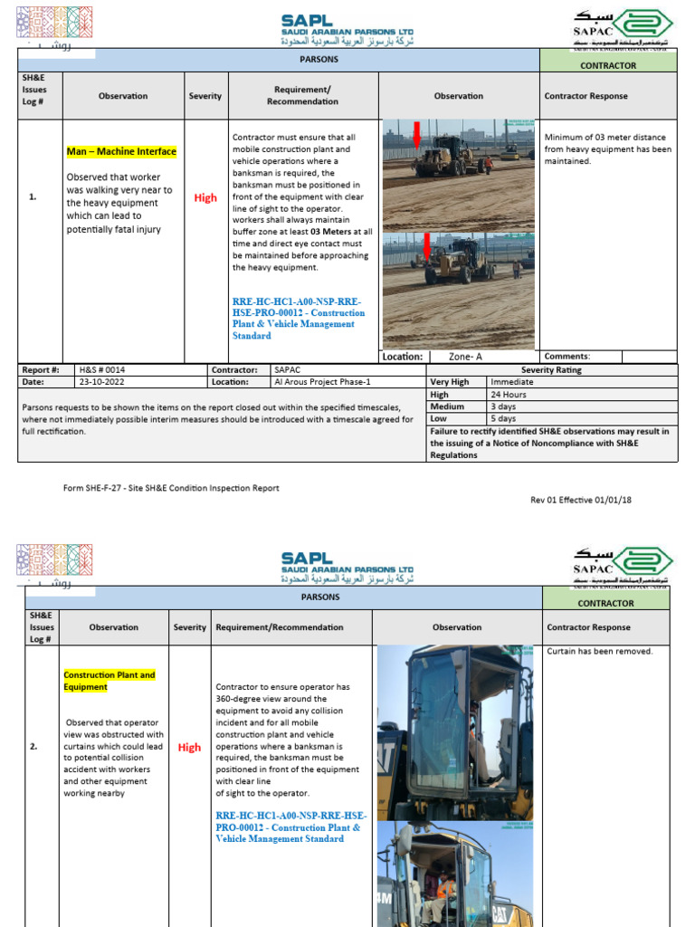 2022.10.23 SOR-0014 SAPAC.. Site HSE Condition Inspection | PDF ...