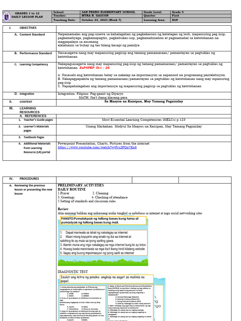 Cot DLP Grade4 Esp-Co1 | PDF | Learning | Human Communication