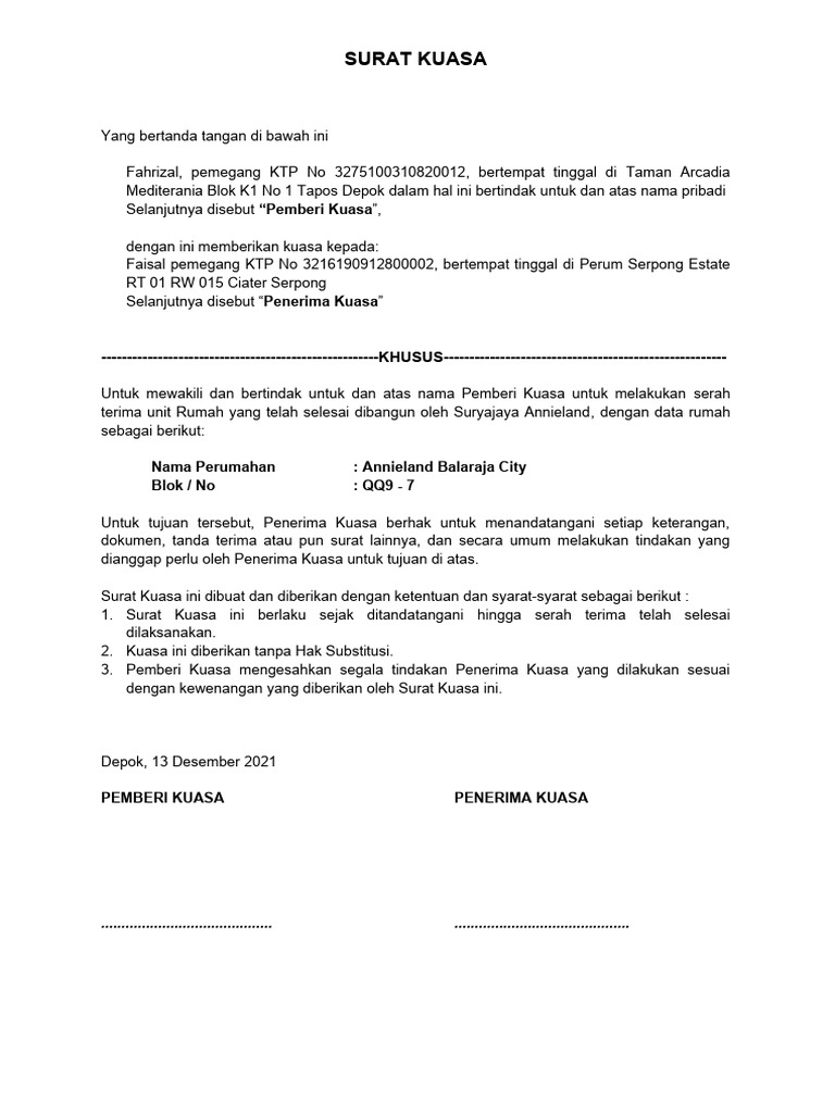 Surat Kuasa Serah Terima Rumah | PDF