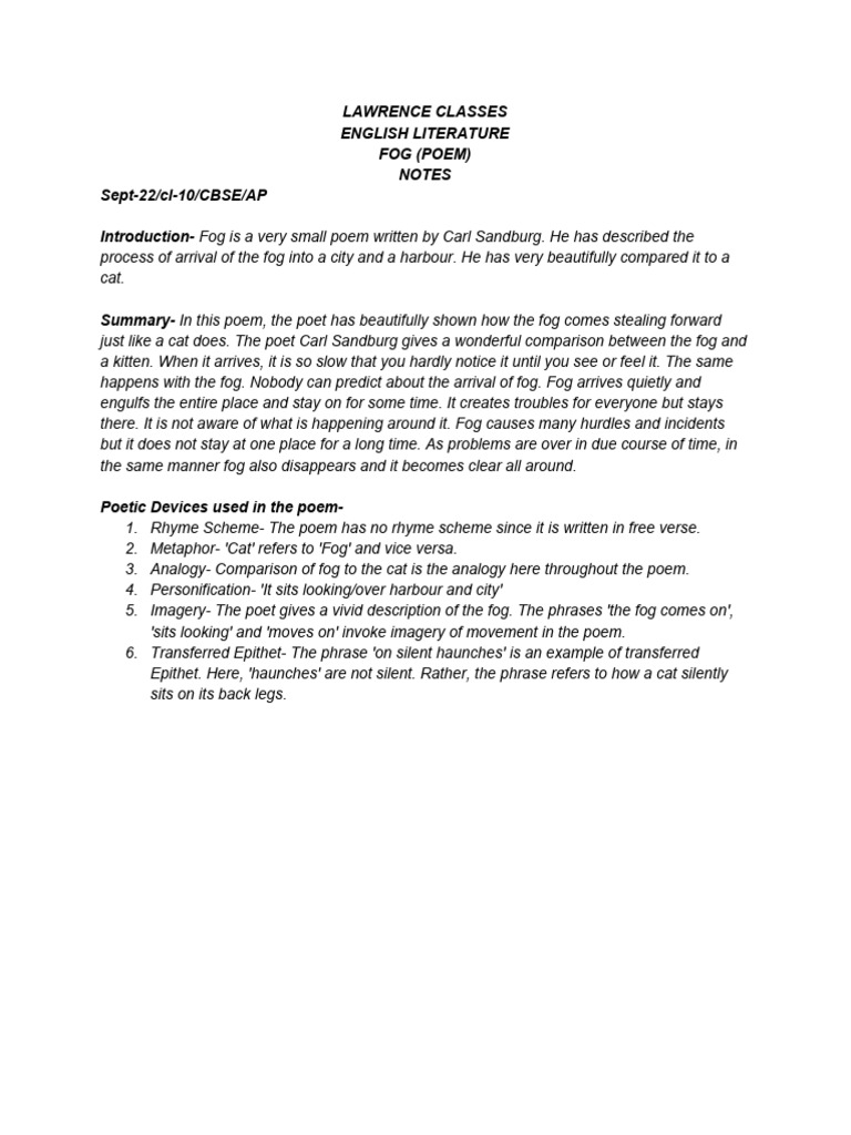 Fog Poem Notes | PDF