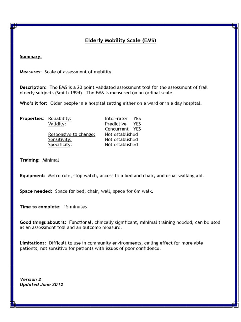 Elderly Mobility Scale Assessment Guide | PDF | Sensitivity And ...