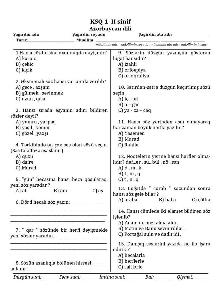 2 Sinif Az Dili KSQ BSQ | PDF