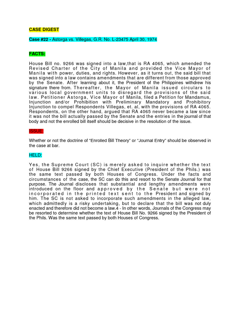 Case #22 Astorga vs. Villegas, G.R. No. L-23475 April 30, 1974 | Download Free PDF | Bill (Law ...