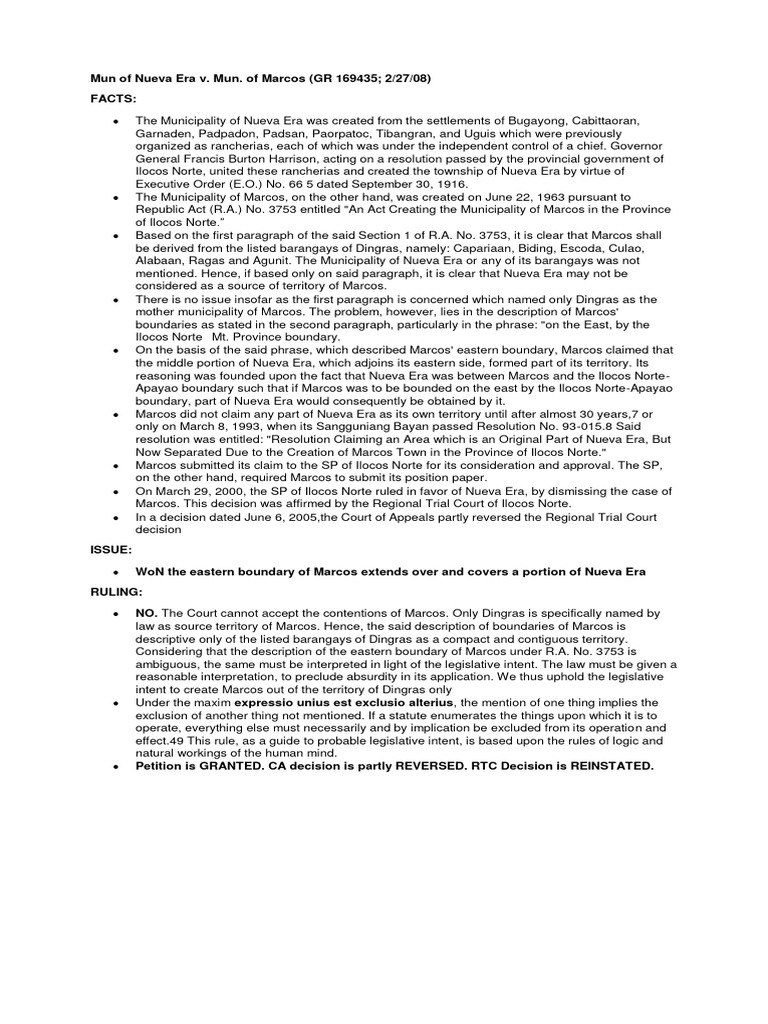 Case #33 Mun. of Nueva Era v. Mun. of Marcos, GR 169435 | PDF | Appeal | Judgment (Law)