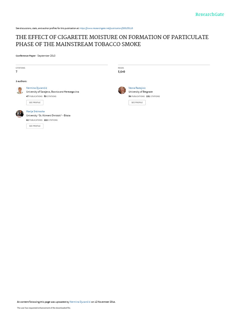The Effect of Cigarette Moisture On Formation of Particulate Phase of ...