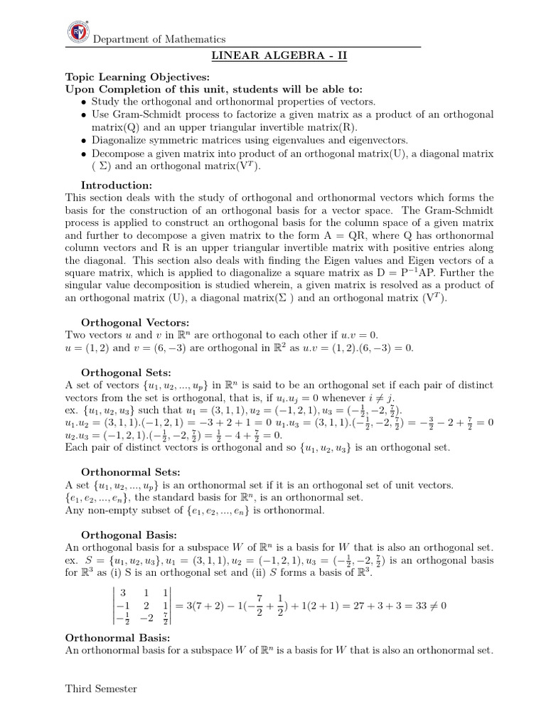 Linear Algebra II: Orthogonal Vectors | PDF
