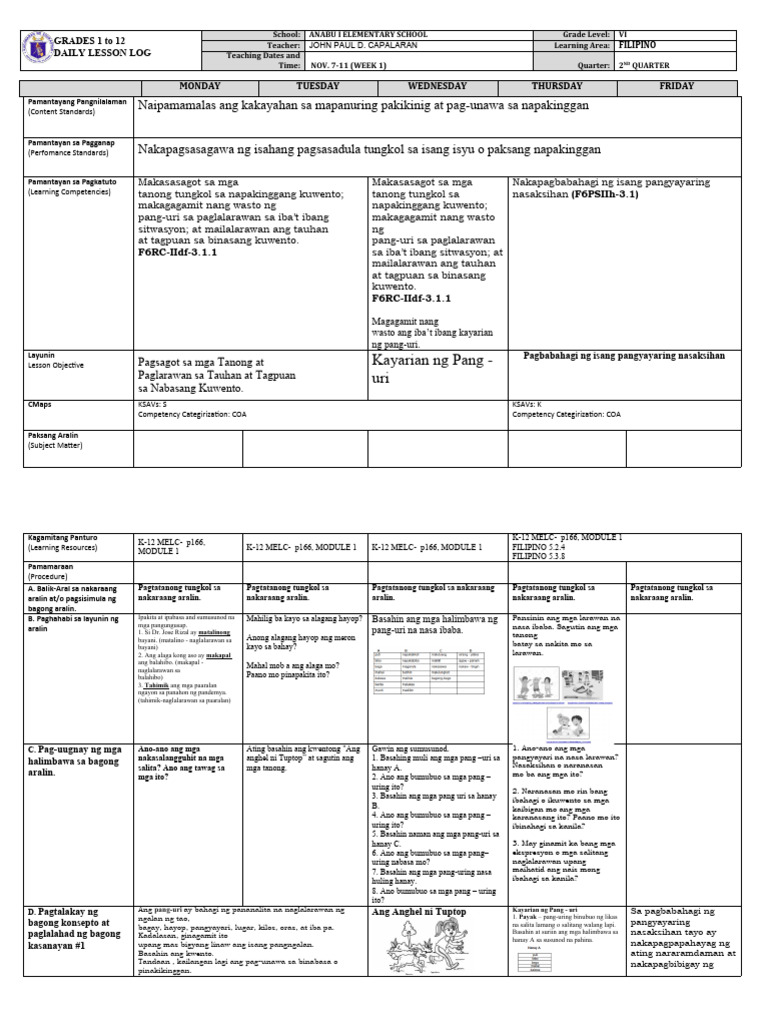 DLL - Filipino 6 - Q2 - W1 | PDF