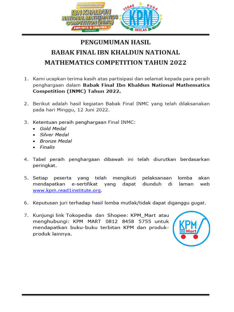 Hasil INMC 2022: Pemenang dan Finalis | PDF