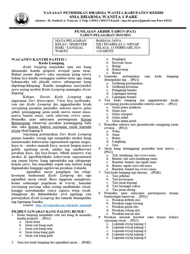 Naskah Soal Pat BHS Jawa Xii 2023 - 2024 | PDF