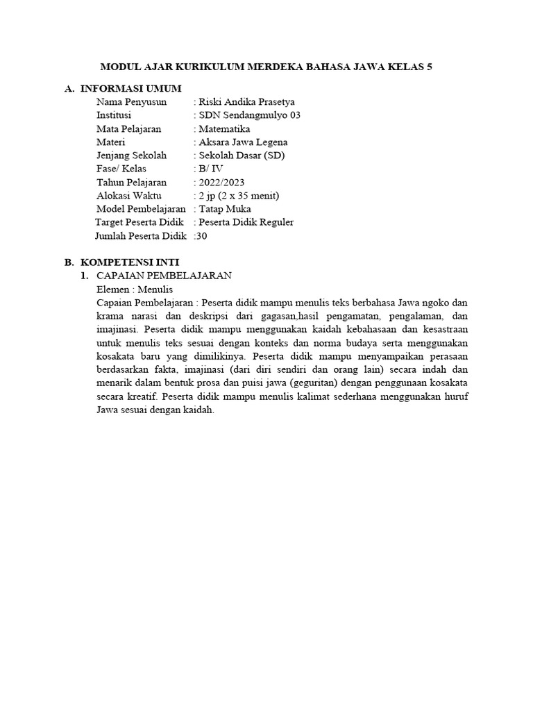Modul Ajar Kurikulum Merdeka Bahasa Jawa Kelas 5 | PDF