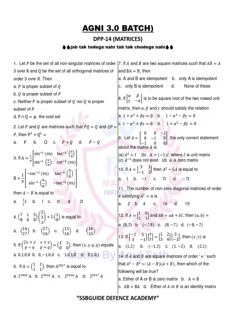 DPP-14 (Matrices) - 26096300 - 2024 - 01 - 05 - 10 - 56 | PDF | Matrix (Mathematics ...