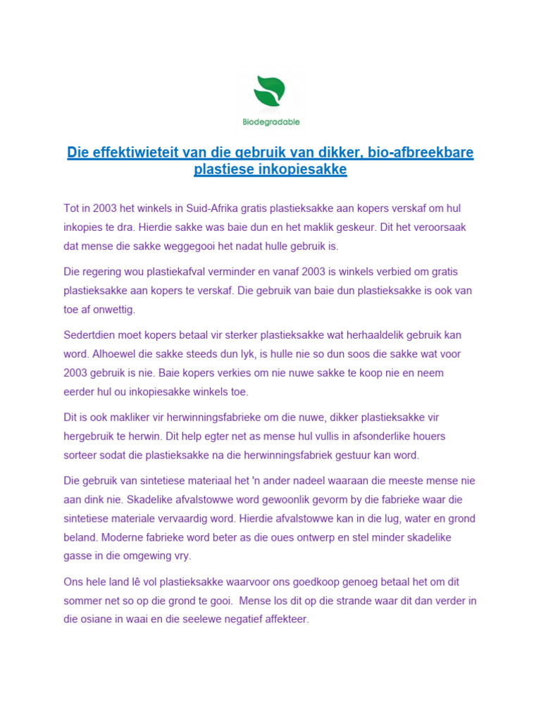 Die Effektiwieteit Van Die Gebruik Van Dikker Bio Afbreekbare ...