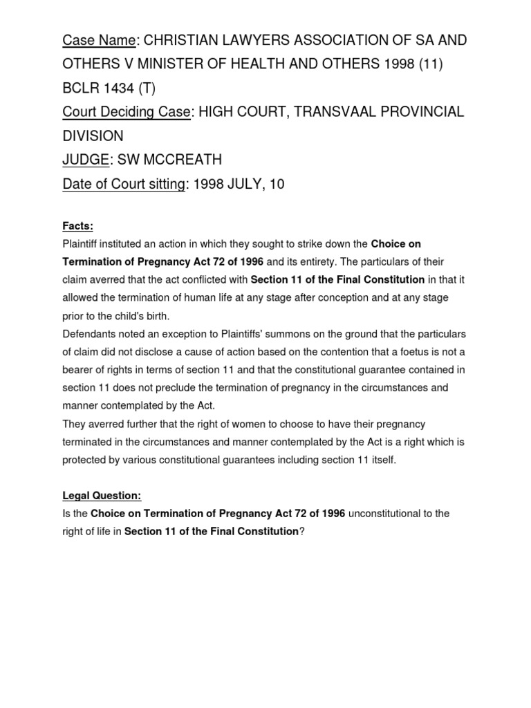 COURT SUMMARY - Christian Lawyers Association of SA and Others V ...