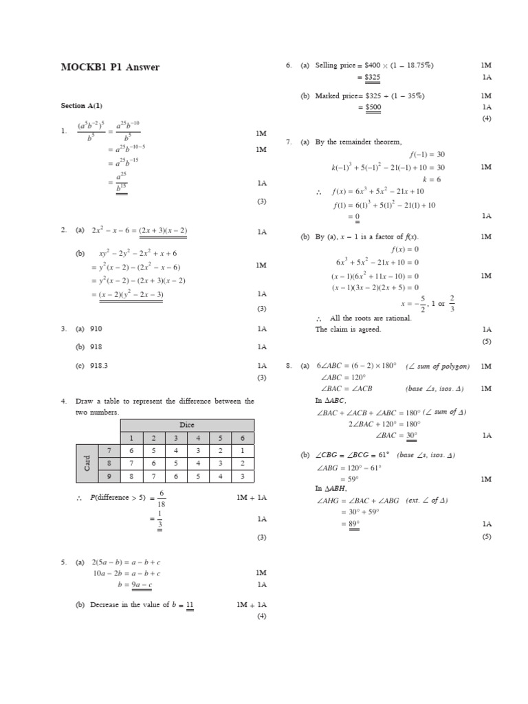 Mockb1 p1 Ans | PDF | Mathematical Concepts | Euclid