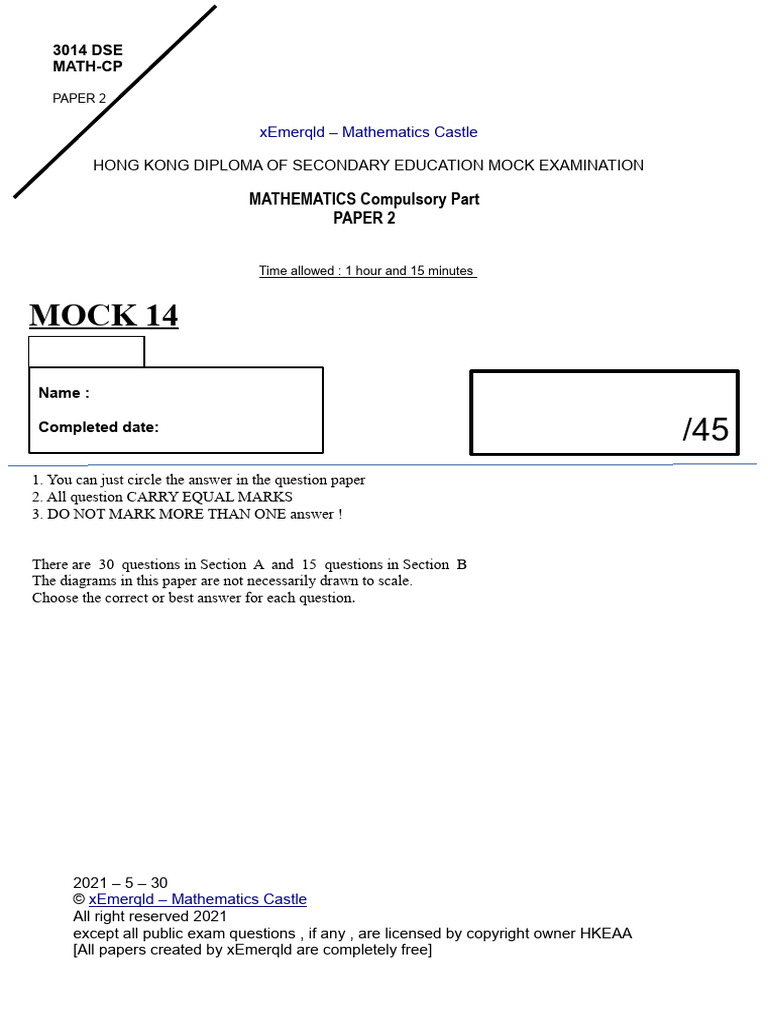 Maths Mock 14, Paper 2 (3014) | PDF | Area | Triangle