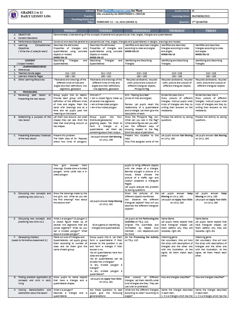 DLL - Mathematics 4 - Q3 - W3 | PDF | Triangle | Shape