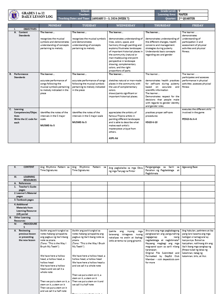 DLL - Mapeh 5 - Q2 - W7 | PDF