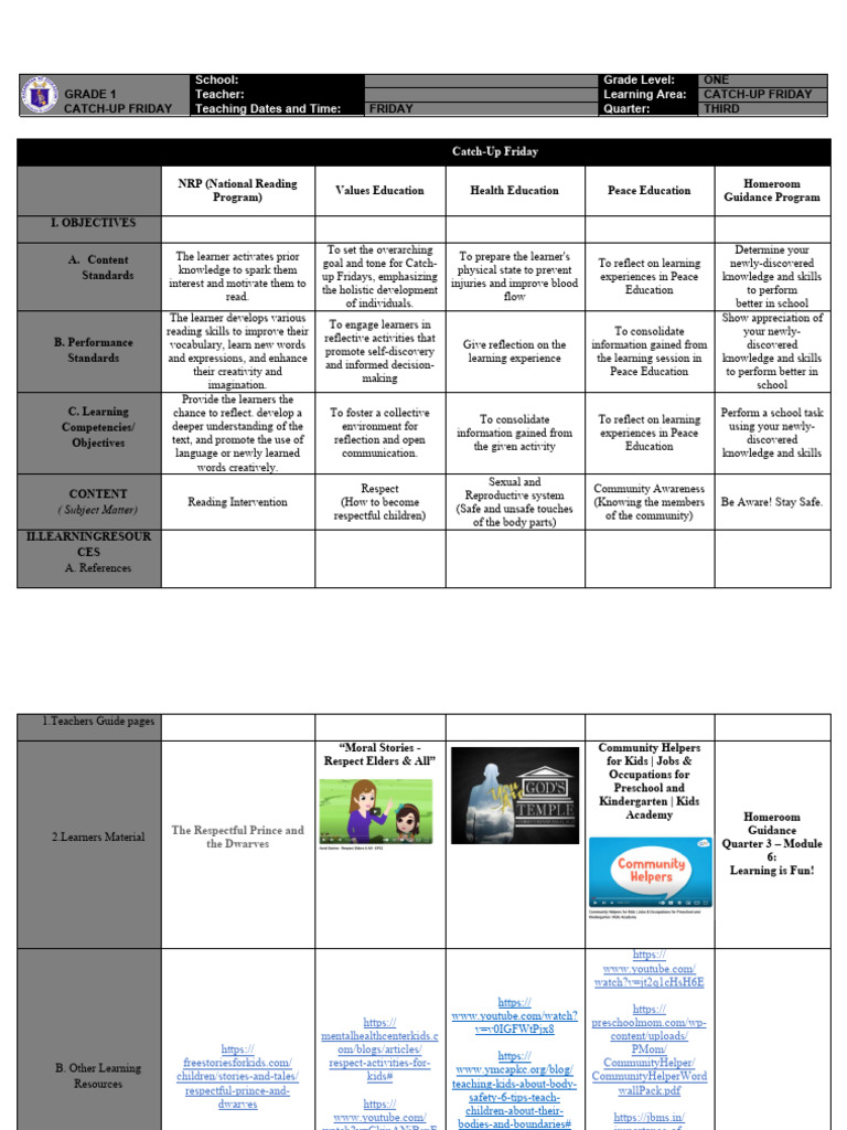 Grade 1 - Week 5 | PDF | Learning | Teachers