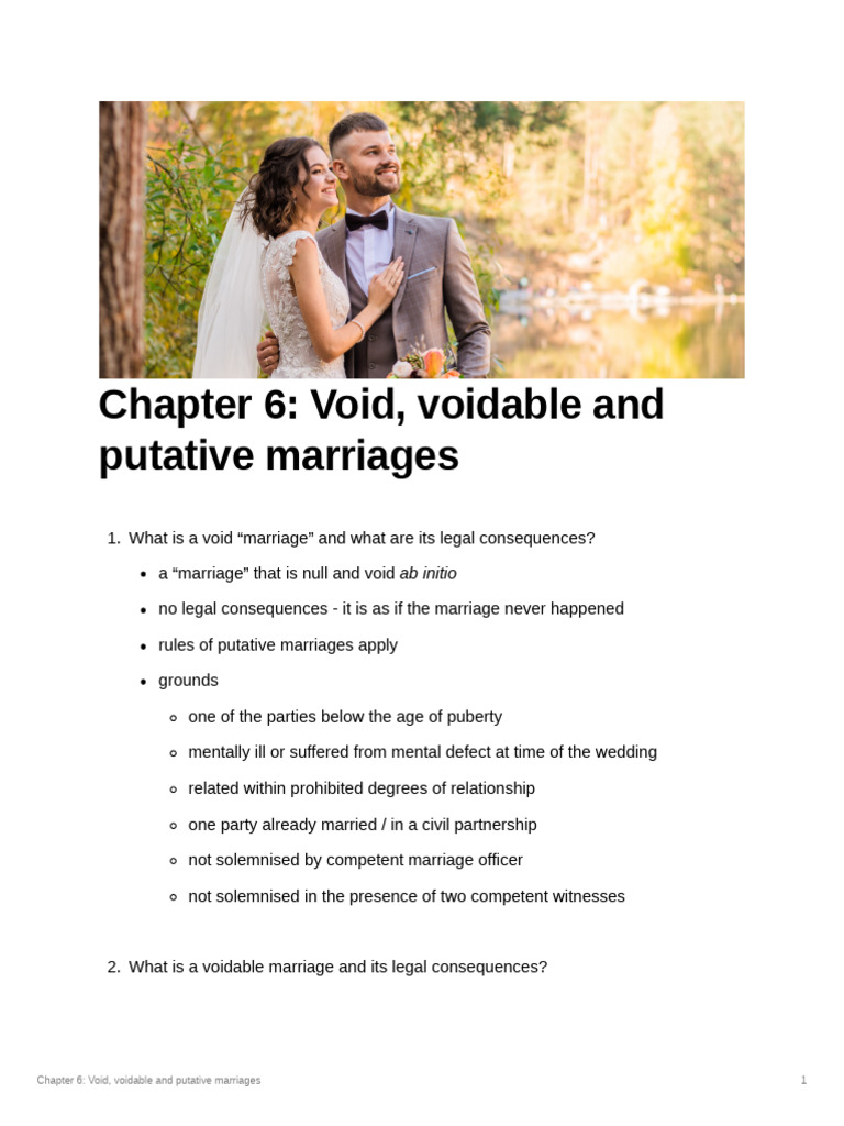 Chapter 6 - Void, Voidable and Putative Marriages | PDF | Void (Law) | Marriage