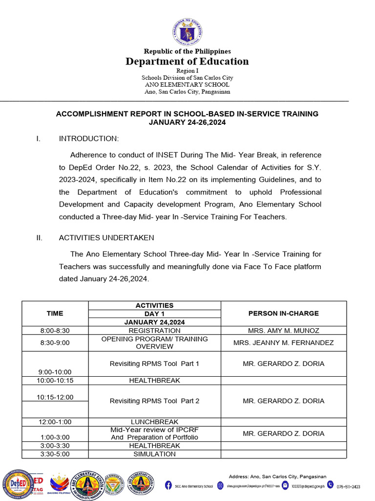 Mid-Year In-Service Training Report 2024 | PDF | Philippines