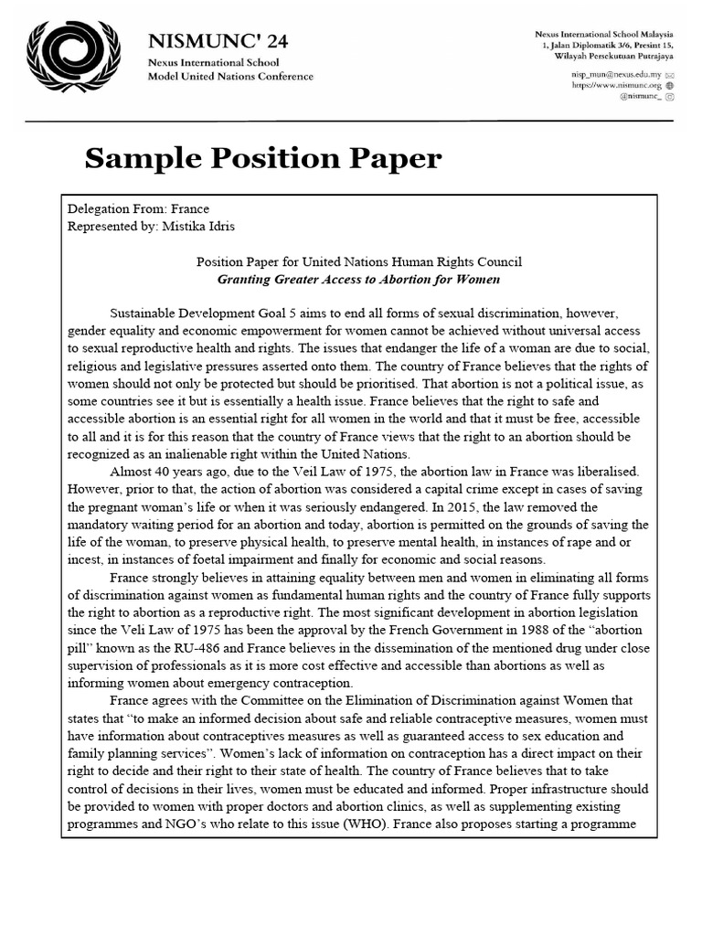 Sample Position Paper | PDF | Immigration | Abortion