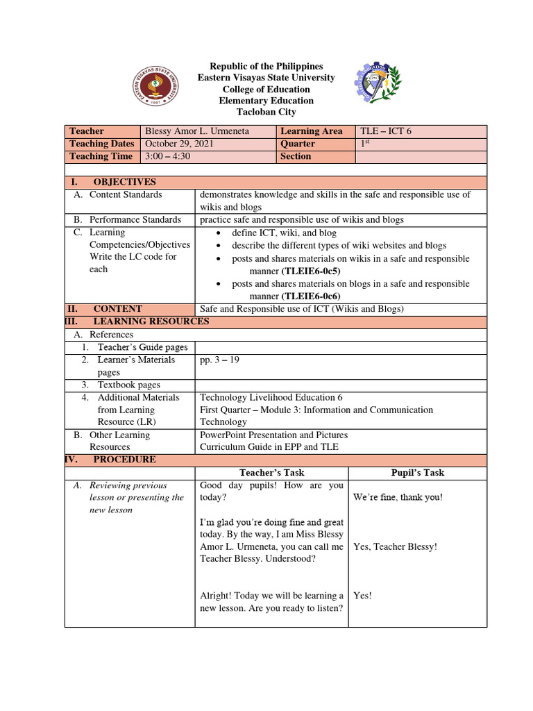 Grade 6 ICT Lesson Plan on Wikis and Blogs | PDF | Wiki | Educational ...