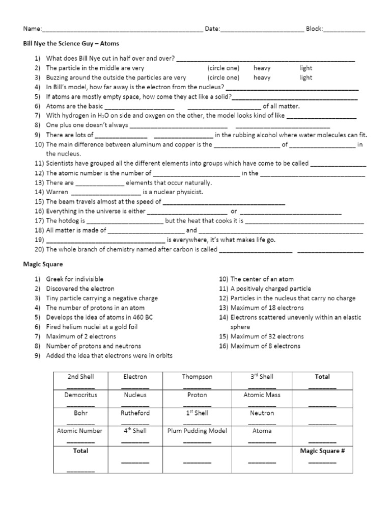 Bill Nye Atoms Workseet | PDF