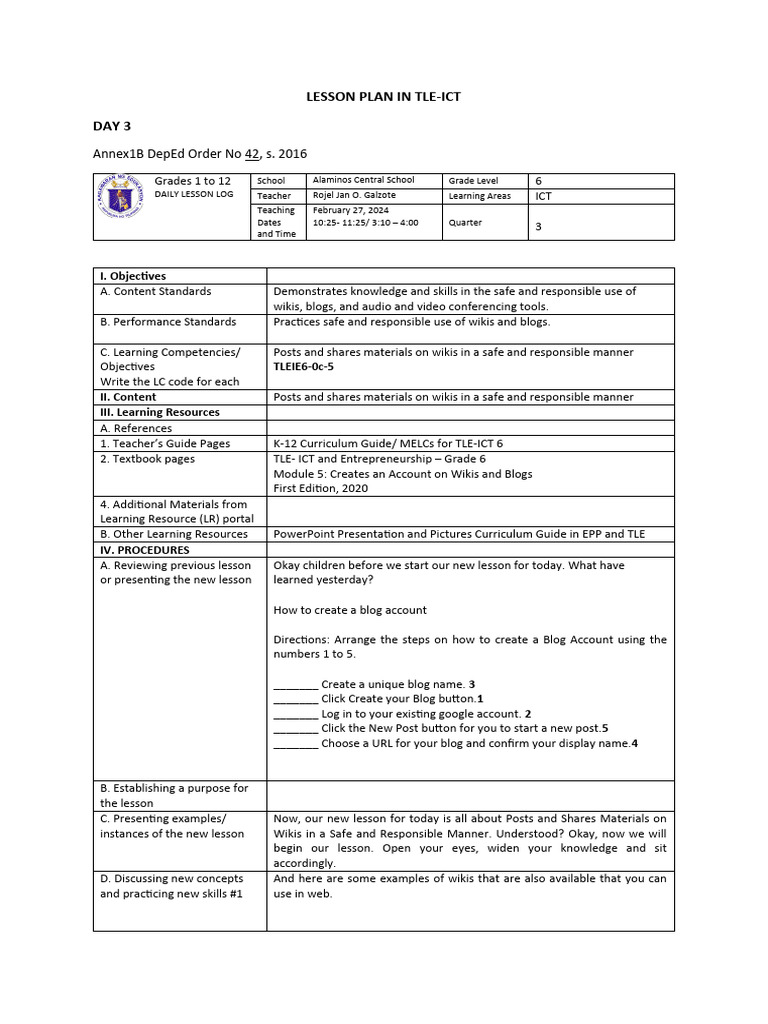 TLE-ICT Q3 Posts and Shares Materials On Wikis in A Safe and Responsible Manner. DAY 3 | PDF ...