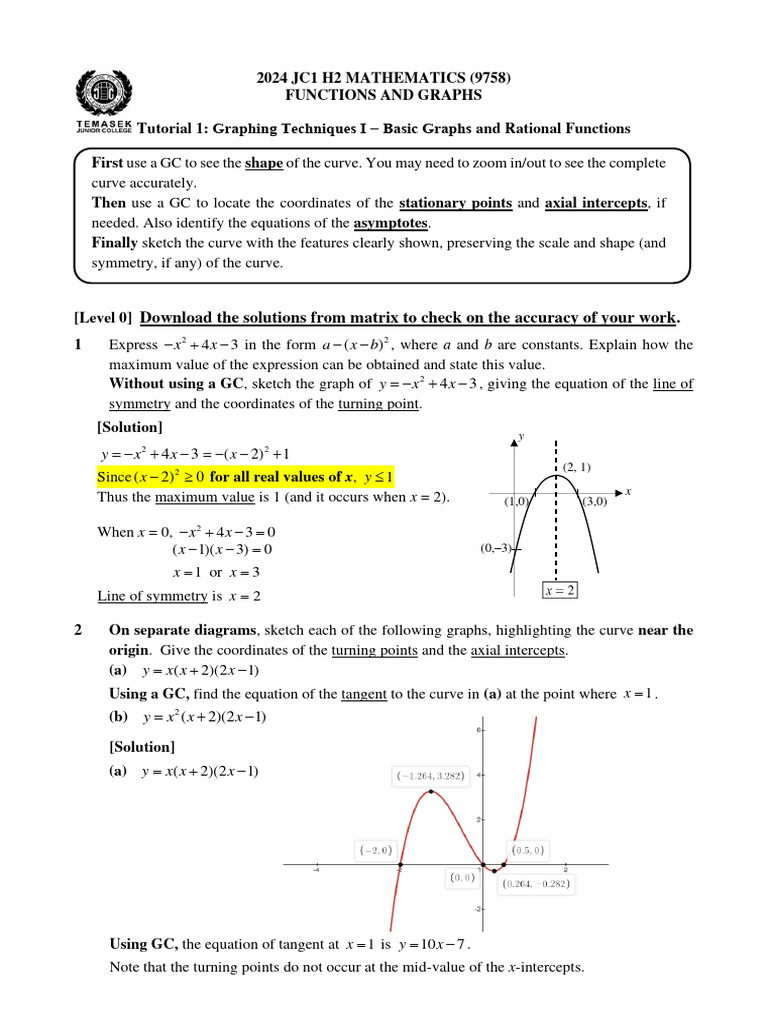2024 Tutorial 1 Graphing Techniques I Level 0 (Solutions) | PDF | Asymptote | Tangent