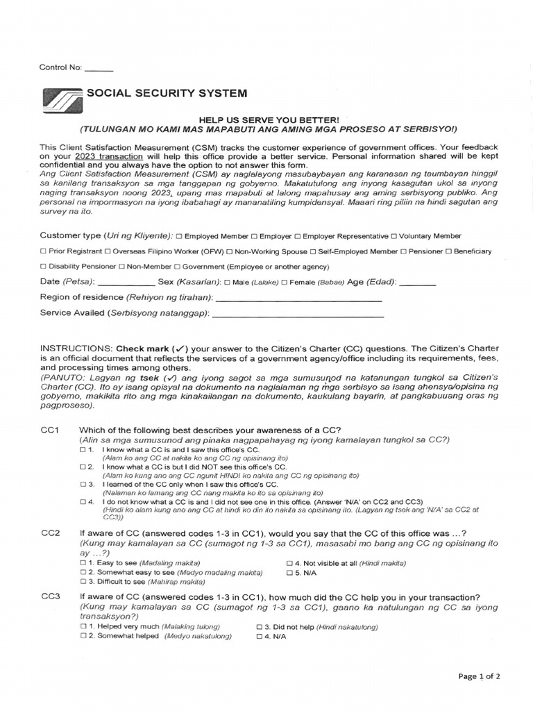 SSS BALANGA Client Satisfaction Measurement Form | PDF