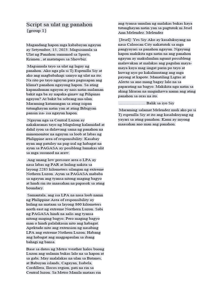 Script Sa Ulat NG Panahon | PDF