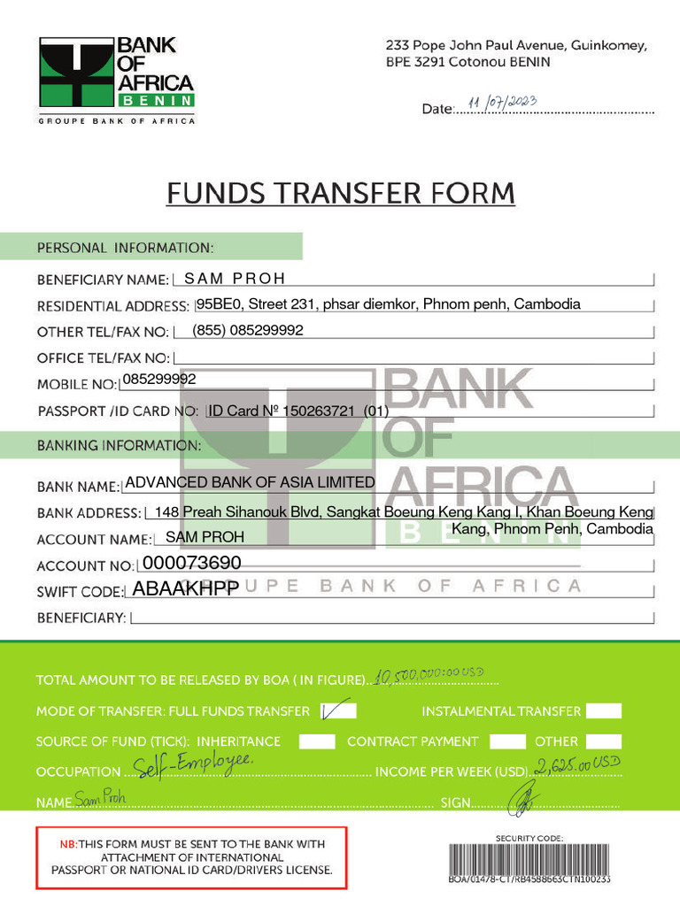 Funds Transfer Form 1 Boa5 | PDF